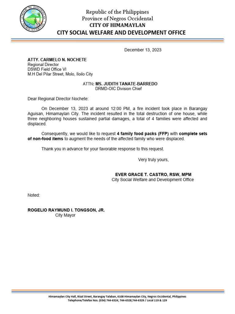 Letter DSWD Food Packs Request Fire Aguisan | PDF