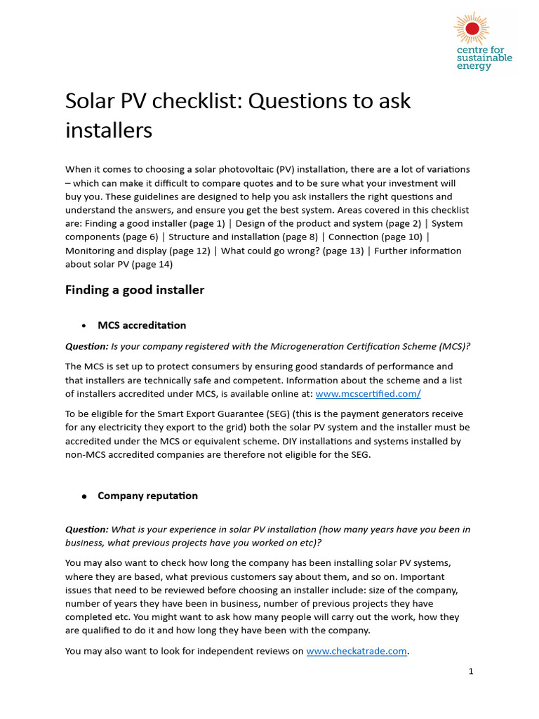Solar PV Checklist Questions To Ask Installers | PDF | Photovoltaics ...