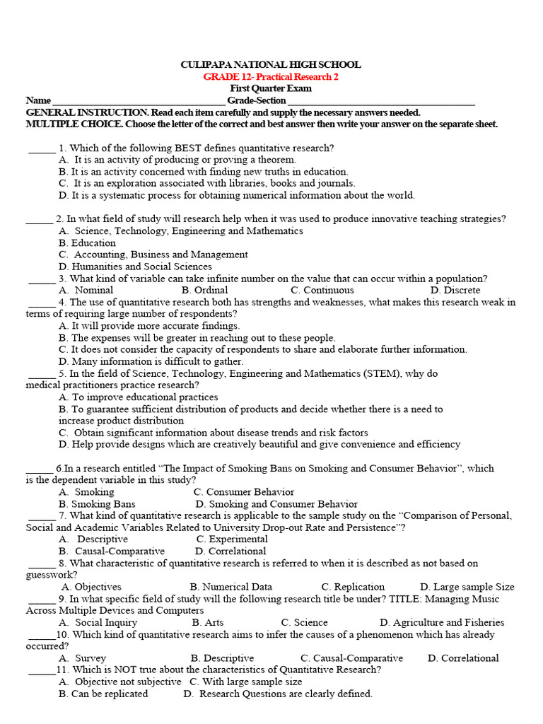 PR2 1st Quarter Exam | PDF | Methodology | Quantitative Research