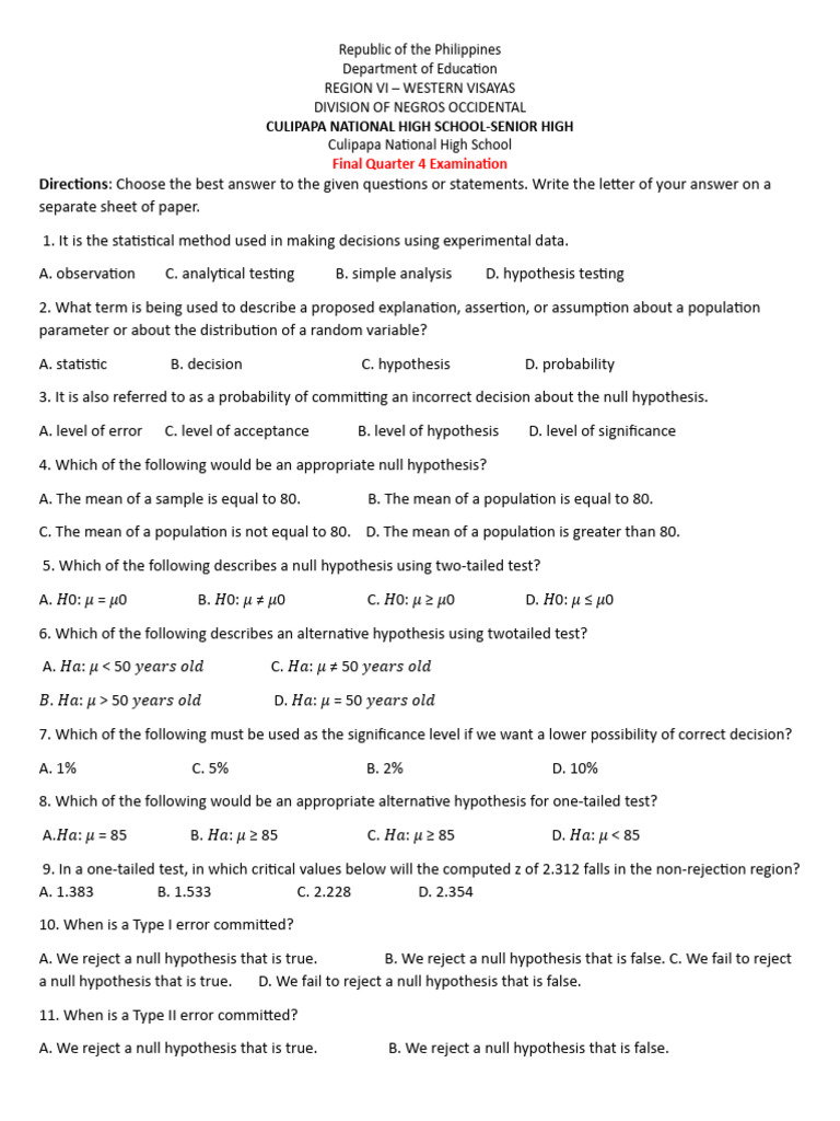 Stat. & Prob. 4th Q. | PDF | Statistical Hypothesis Testing ...