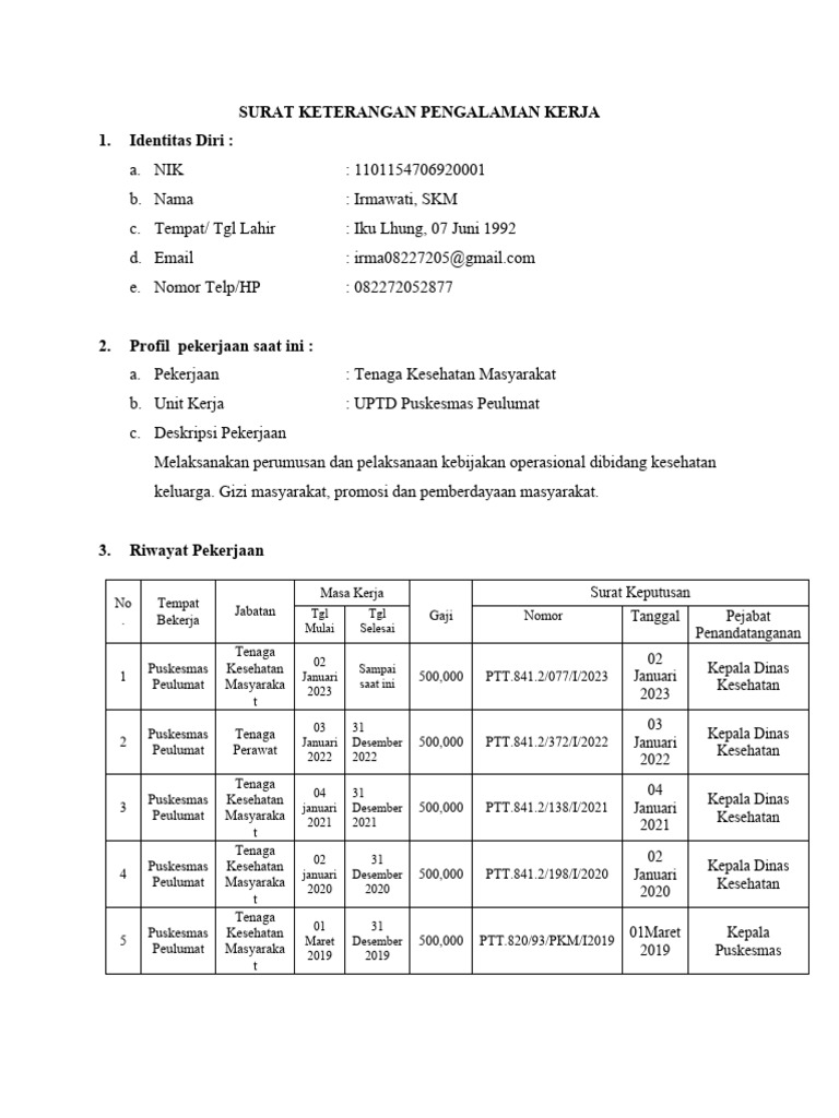Irma SURAT KETERANGAN PENGALAMAN KERJA | PDF