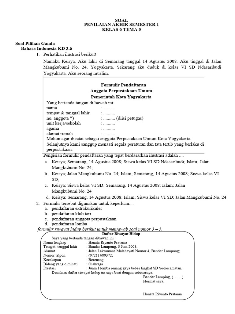 Soal Pas Kelas 6 Tema 5, Kunci Jawaban Dan Kisi-Kisi | PDF