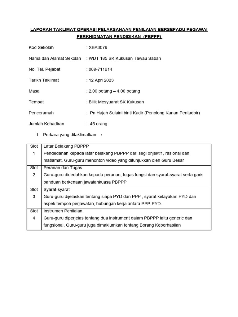 Laporan Taklimat PBPPP | PDF