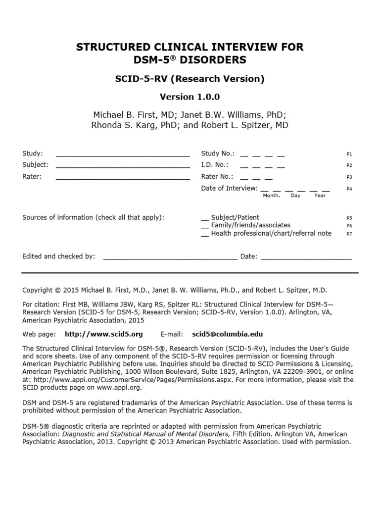 Michael B First Et Al - SCID 5-RV Structured Clinical Interview For DSM 5 Diagnoses Research ...