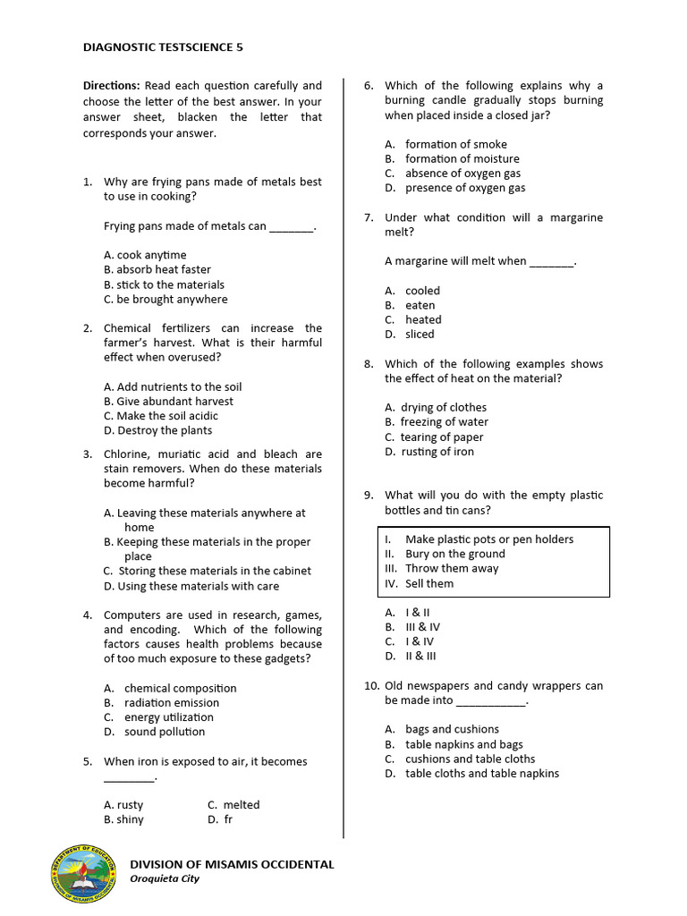 Science 5 Diagnostic Test Questions | PDF | Ovary | Soil