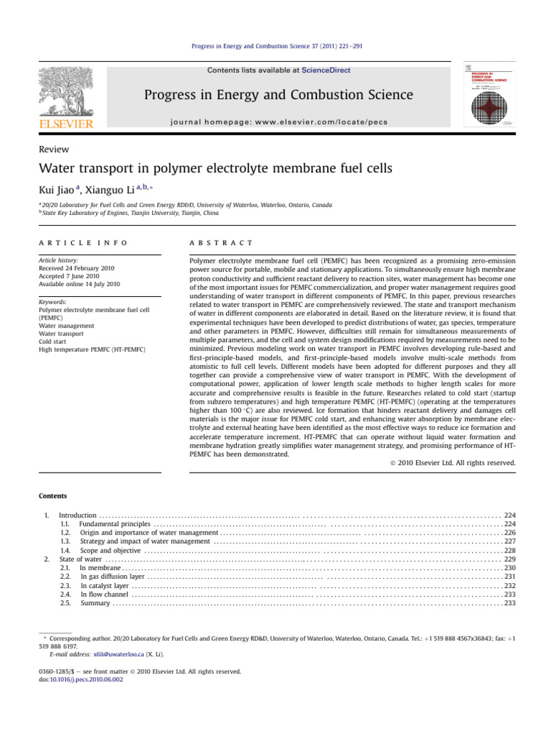 Water Transport in Polymer Electrolyte Membrane Fuel Cells | PDF | Fuel Cell | Materials Science