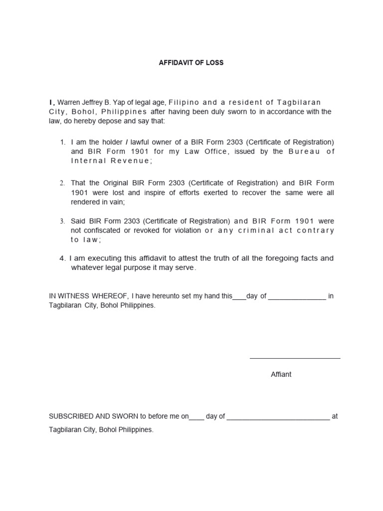 Affidavit of Loss (for BIR) | PDF