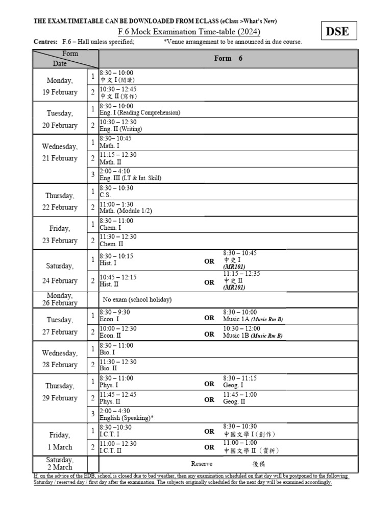 DSE Mock Exam Timetable 2024 | PDF