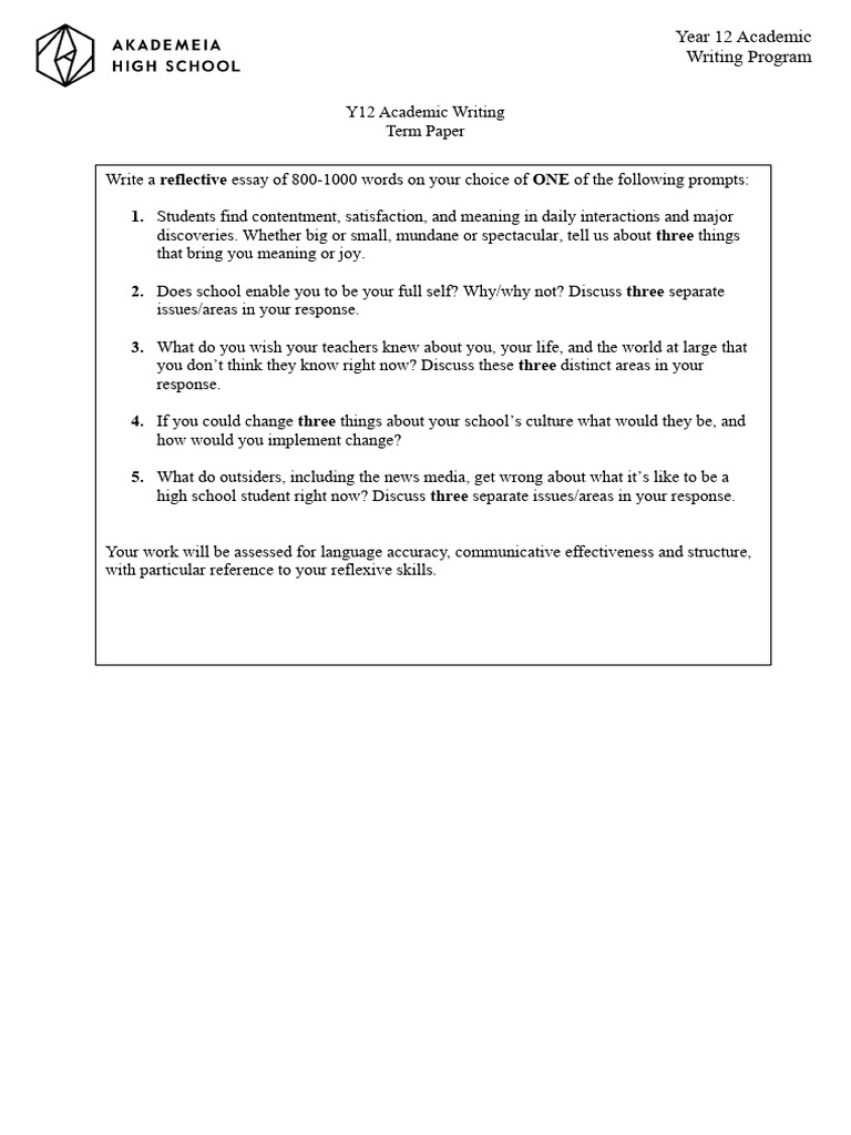 AAC - Y12 Academic Writing - Week 9 - Reflective Essay - Structure and ...