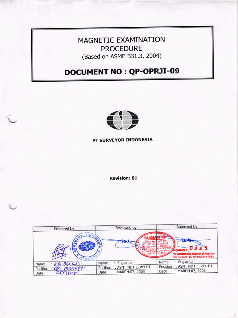 4-QPOPRJI09-MAGNETIC EXAMINATION PROCEDURE (Based On ASME B31.3, 2004) | Download Free PDF ...