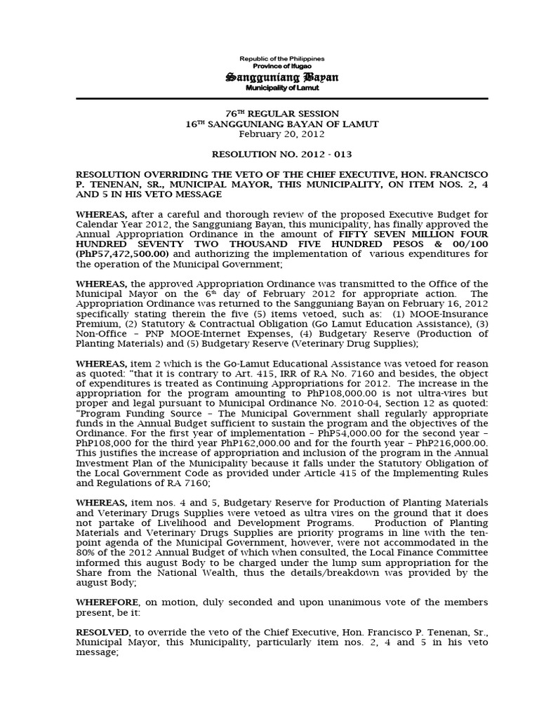 reso override | PDF | Veto | Public Law