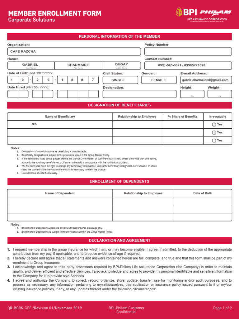 Standard Enrollment Form EEG | PDF | Insurance | Life Insurance