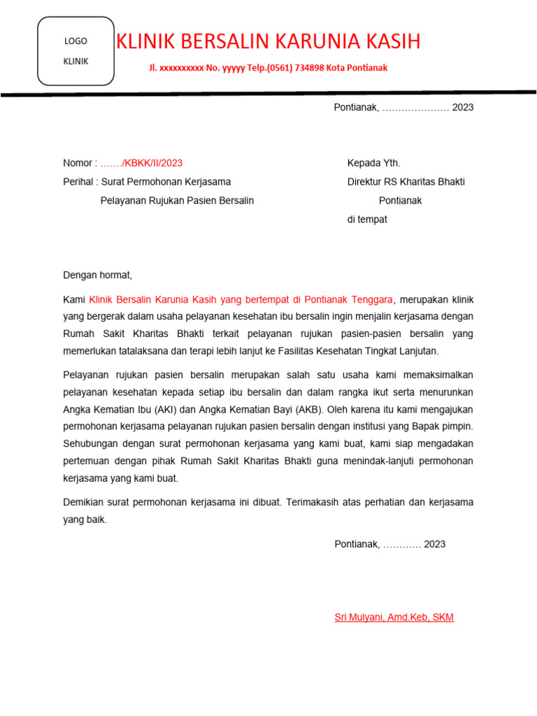 CTH Surat Permohonan Kerjasama Klinik Bersalin Ke RS | PDF