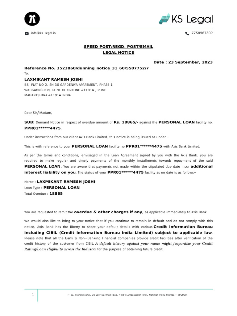 Dunning Notice 31 60 | PDF | Loans | Banks