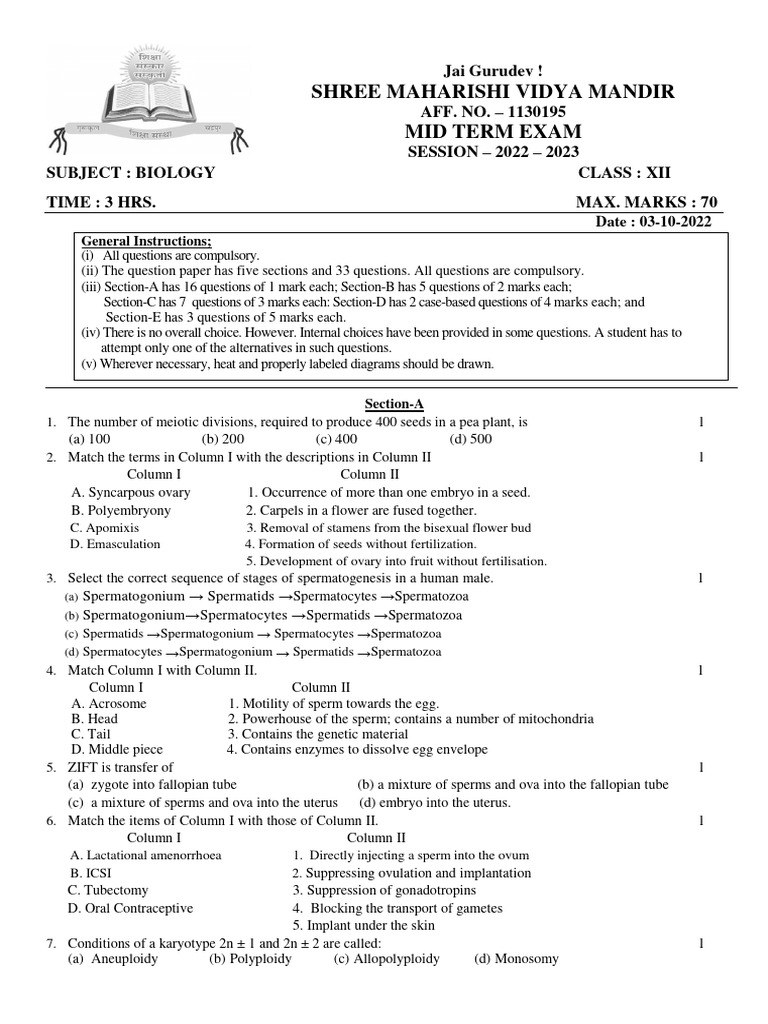 Shree Maharishi Vidya Mandir Mid Term Exam | Download Free PDF | Dominance (Genetics) | Zygosity