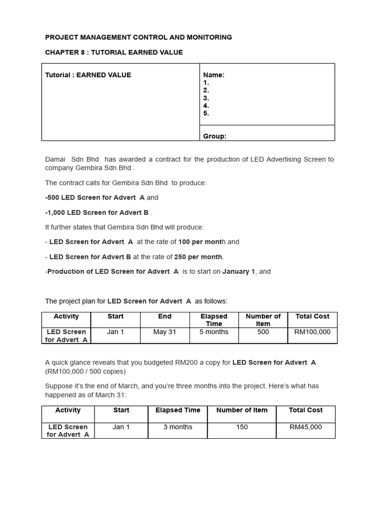Tutorial Earned Value Question Pdf Business