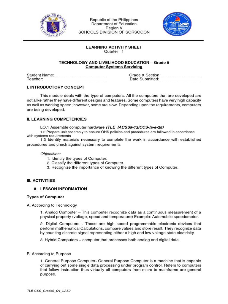 Tle-Css Grade9 q1 Las2 | PDF | Personal Computers | Workstation