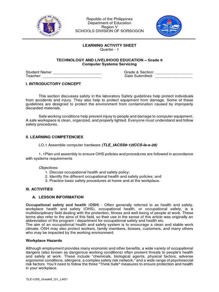 TLE-CSS_Grade9_Q1_LAS1 | PDF | Hazards | Occupational Safety And Health