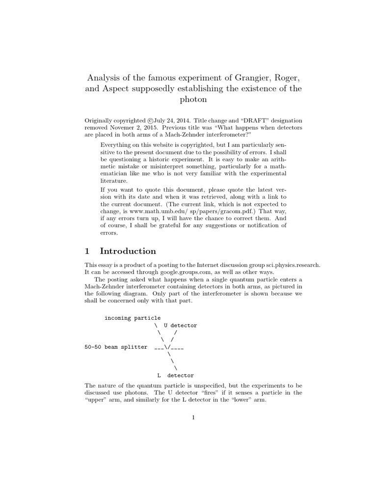 Analysis of The Famous Experiment of Grangier, Roger, and Aspect ...