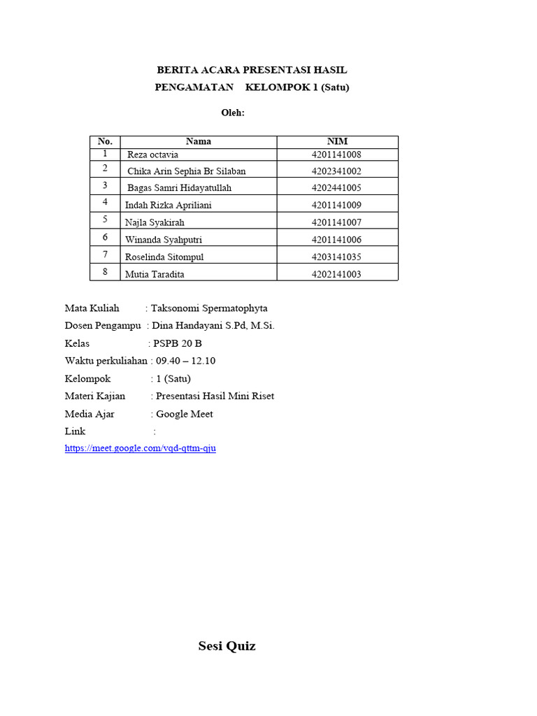 Berita Acara (Presentasi Hasil Mini Riset) - Kelompok 1 Taksper | PDF