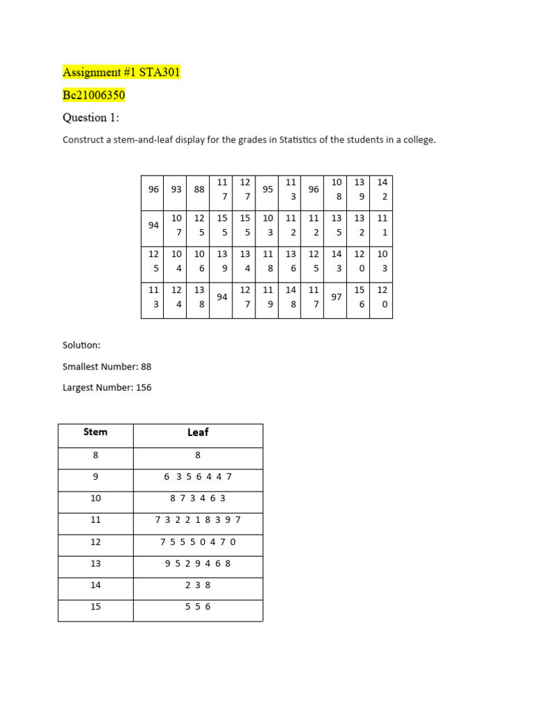 Fall 2023 - STA301 - 1 - BC210406350 | PDF | Median | Mean