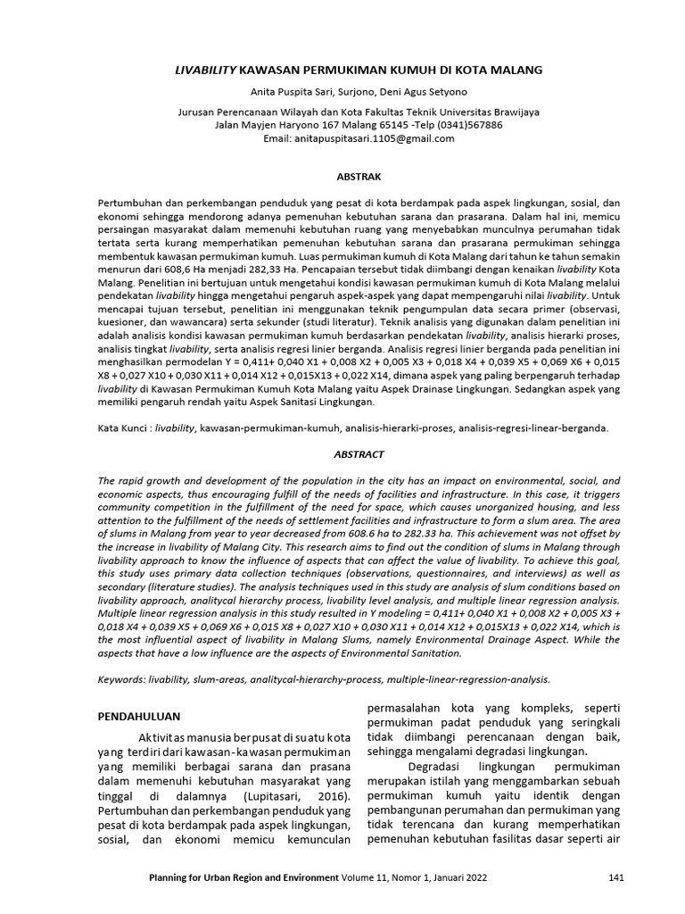 Livability Kawasan Permukiman Kumuh Di Kota Malang | PDF