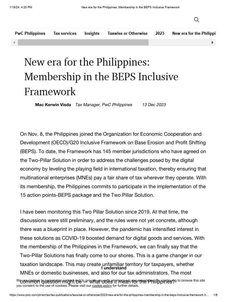 New Era For The Philippines - Membership in The BEPS Inclusive Framework | PDF | Taxes | Economies