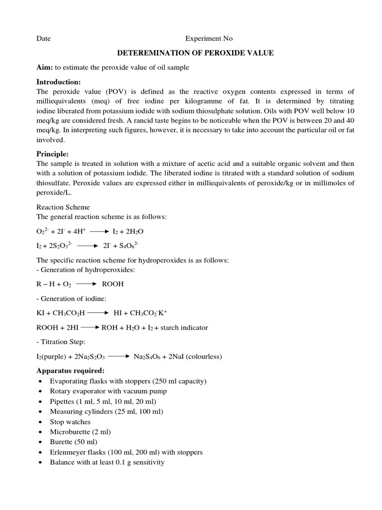 Peroxide Value Determination in Oils | PDF | Titration | Chemistry
