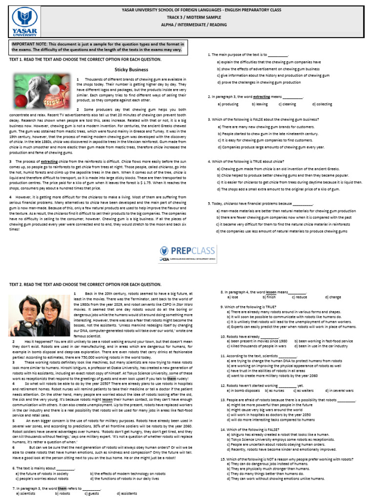 2022-2023 t3 Intermediate Reading Midterm Sample | PDF | Robot | Robotics