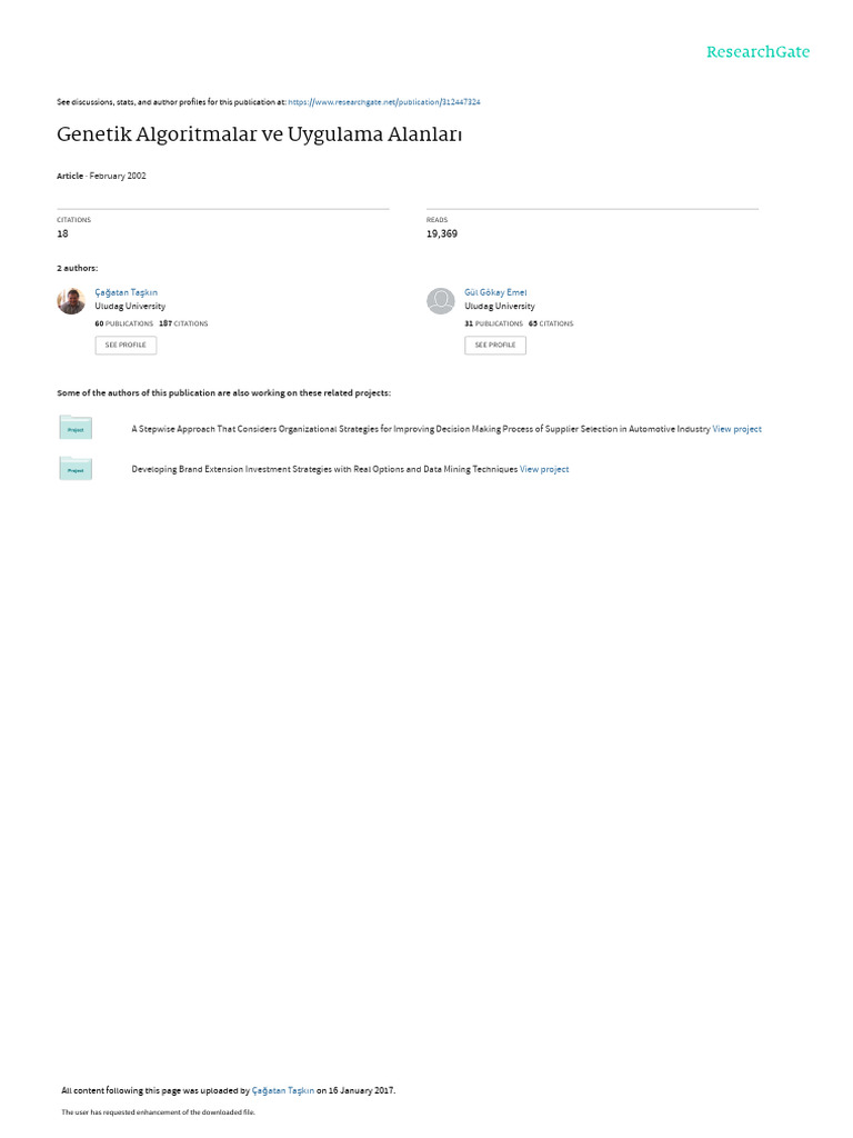 Genetik Algoritmalar Ve Uygulama Alanlari | PDF