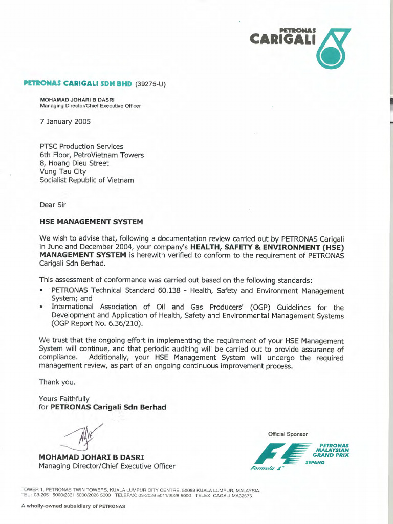 Compliance With O&G For HSEMS (Petronas Letter) | PDF