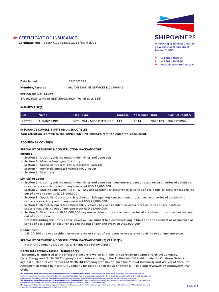 Additional Cover Certificate - 54464 - 1124238 - ALLIANZ JUNO - 01 ...