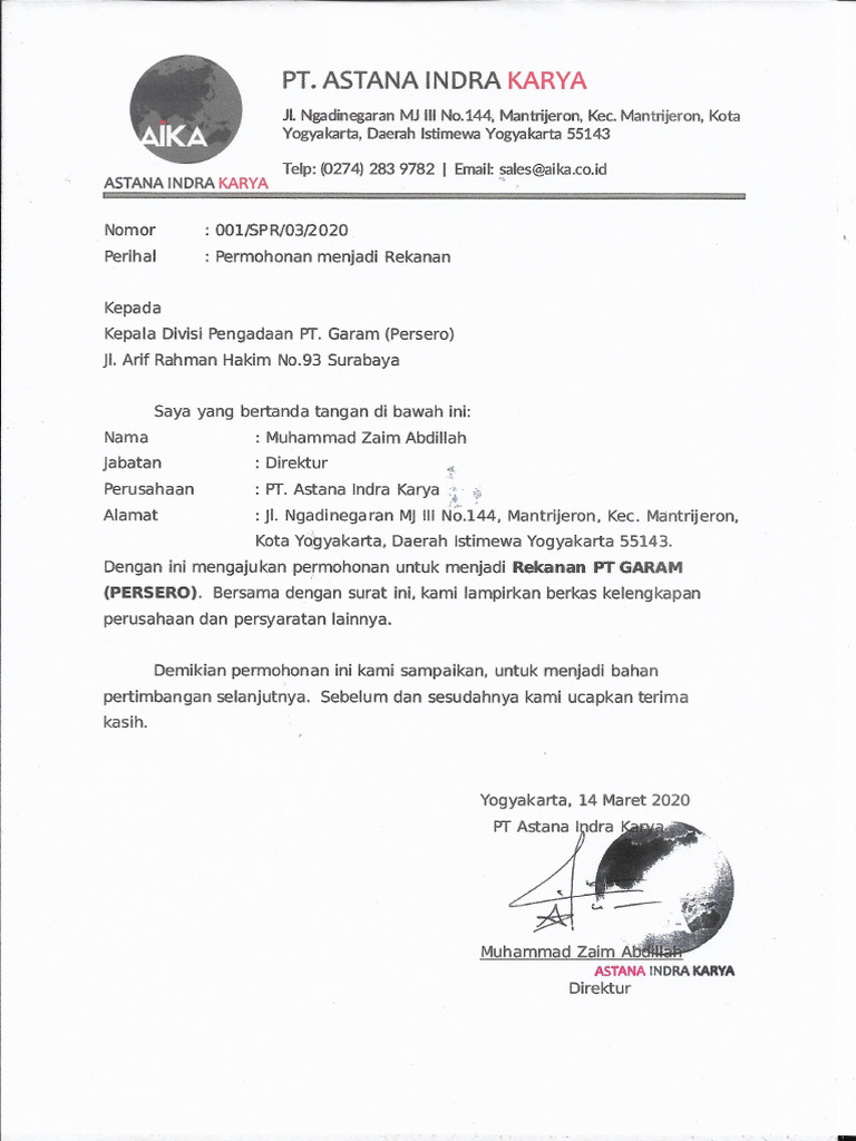 Surat Permohonan Menjadi Rekanan | PDF