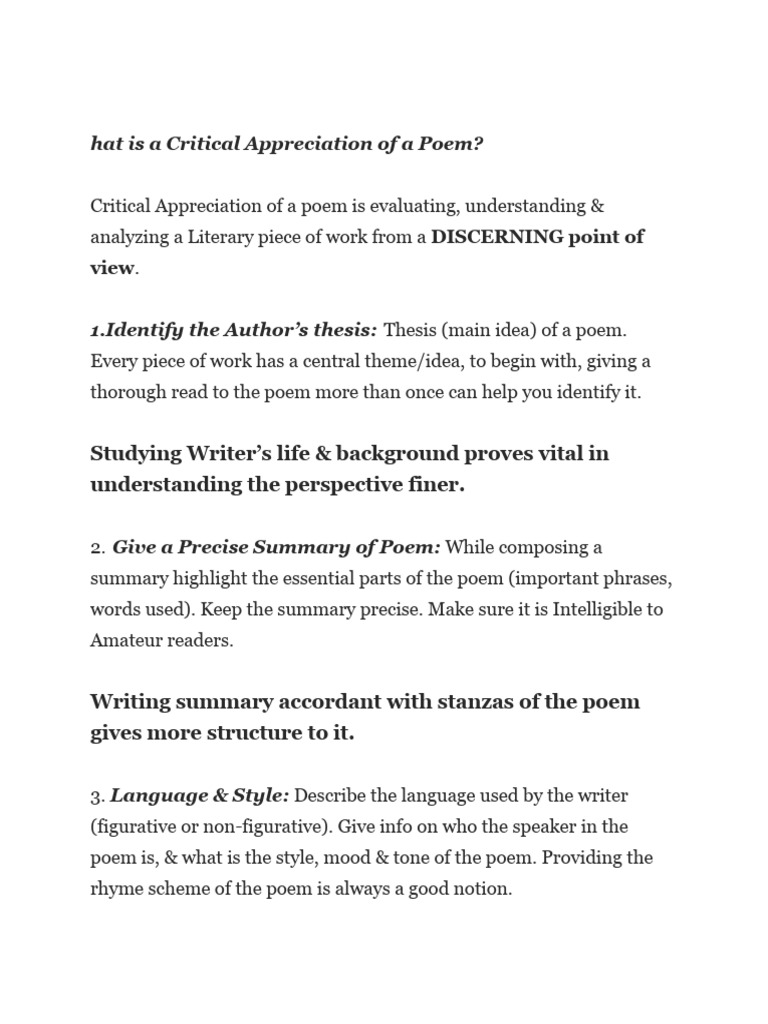How to Critically Appreciate a Poem | PDF | Language Arts & Discipline ...