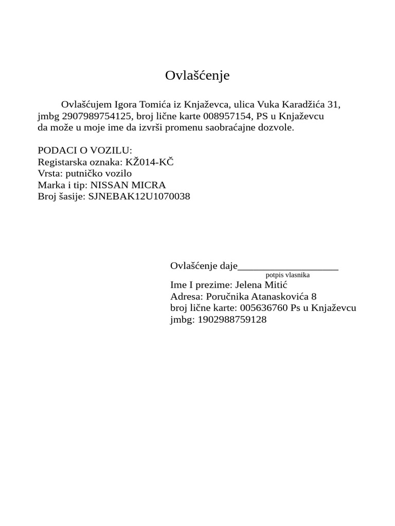 Ovlašćenje: Potpis Vlasnika | PDF