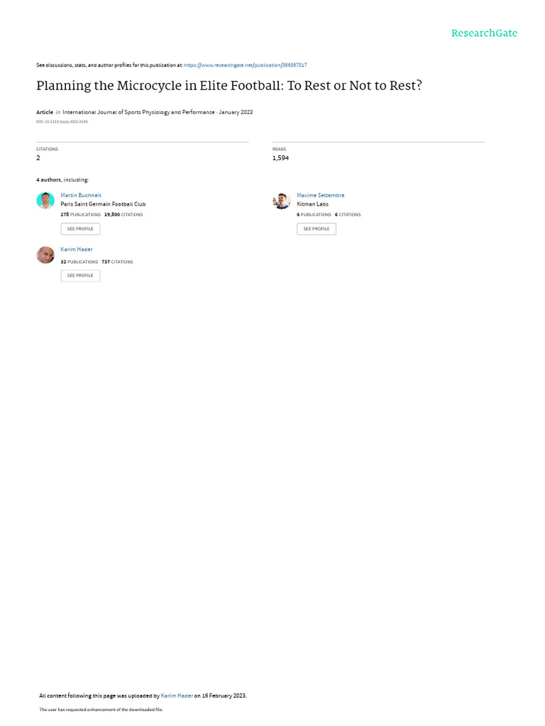 Buchheit Planning The Microcycle in Elite Football - To Rest or Not To ...