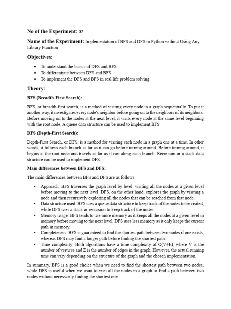 Implementation Of Bfs And Dfs In Python Without Using Any Library Function Pdf Computational 