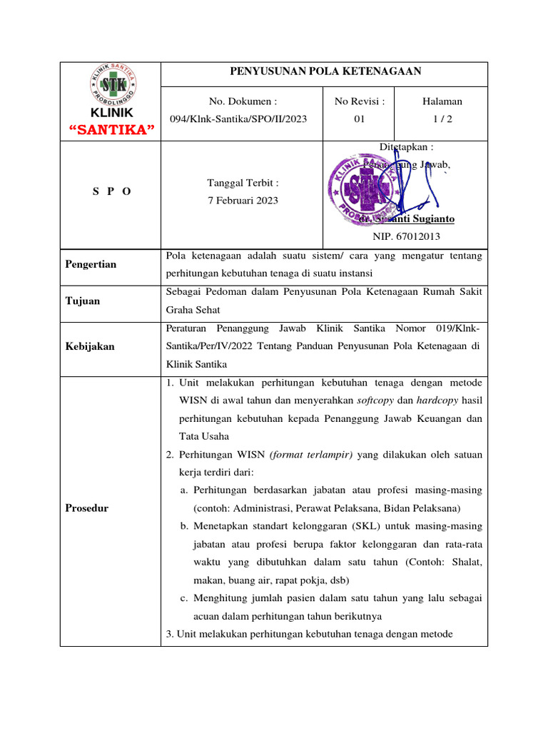 RT - SPO Perhitungan Pola Ketenagaan | PDF