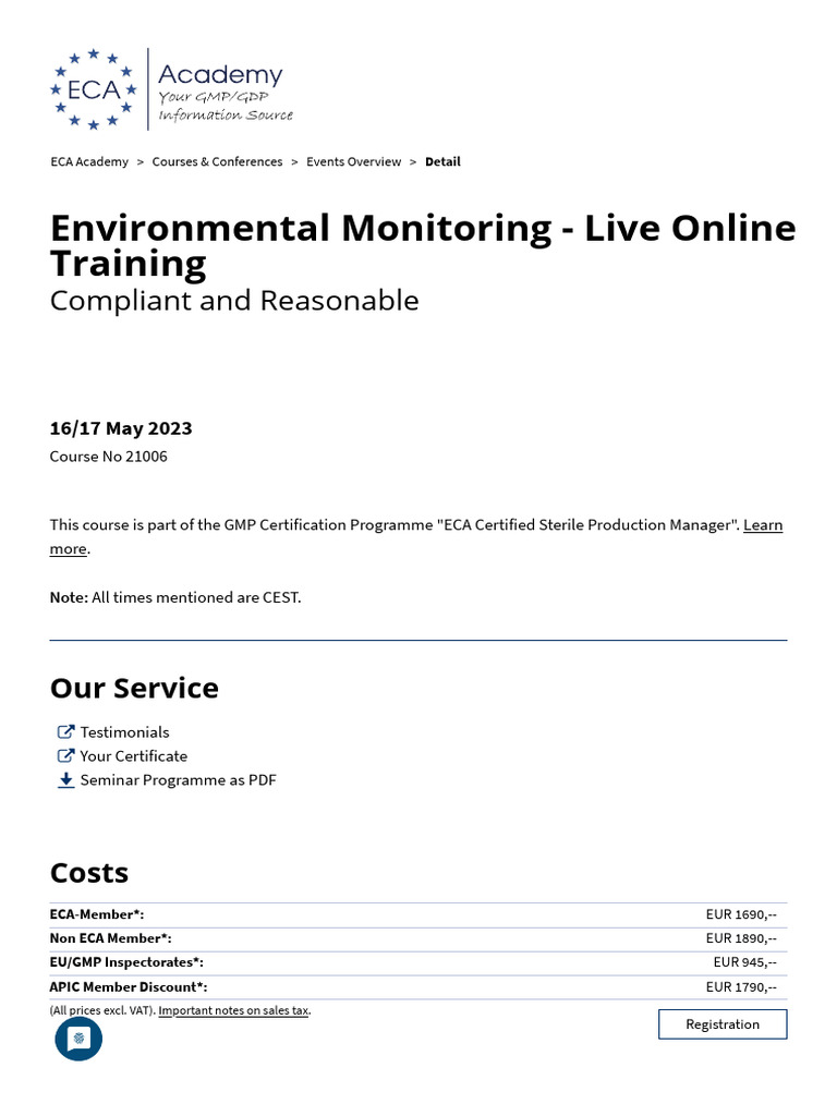 Environmental Monitoring - Live Online Training - ECA Academy May 2023 | PDF | Environmental ...
