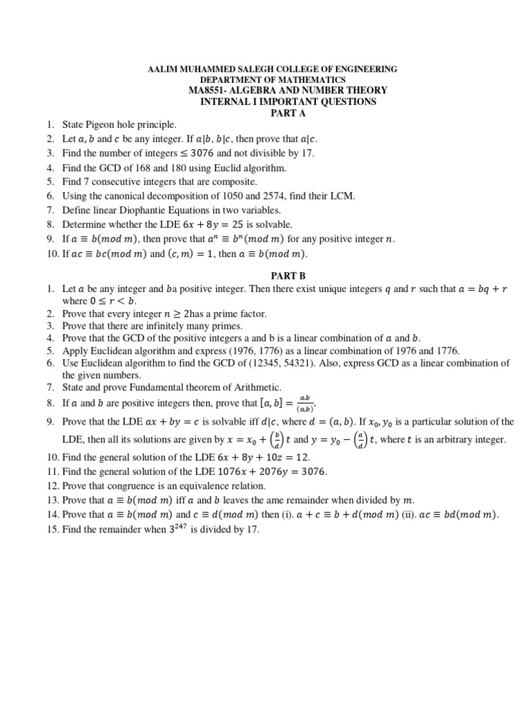 Important Algebra & Number Theory Questions | PDF