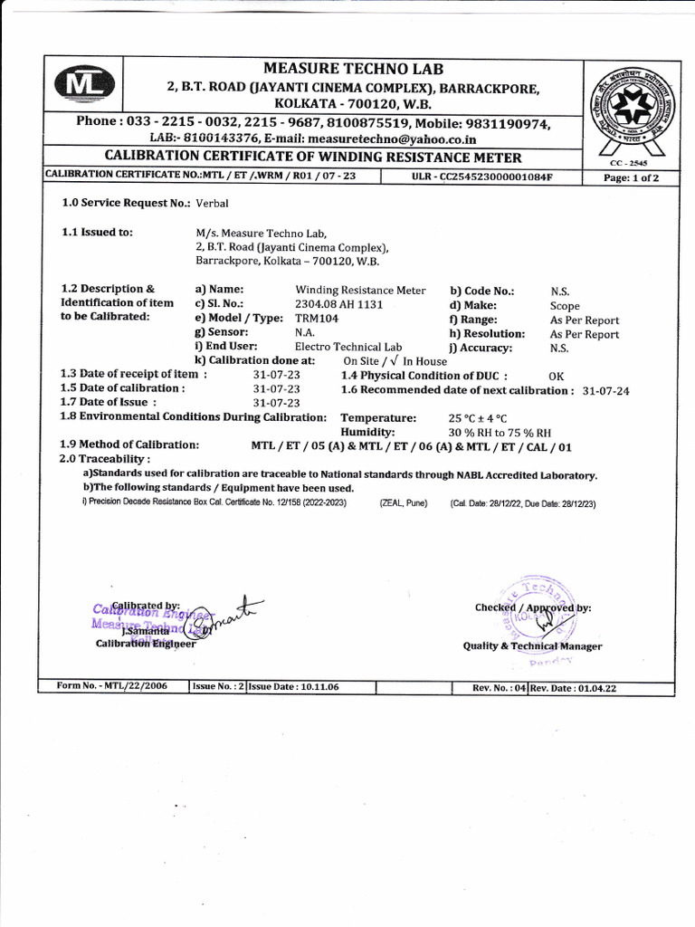 Winding Resistance Meter Calibration Cert. | PDF | Calibration ...