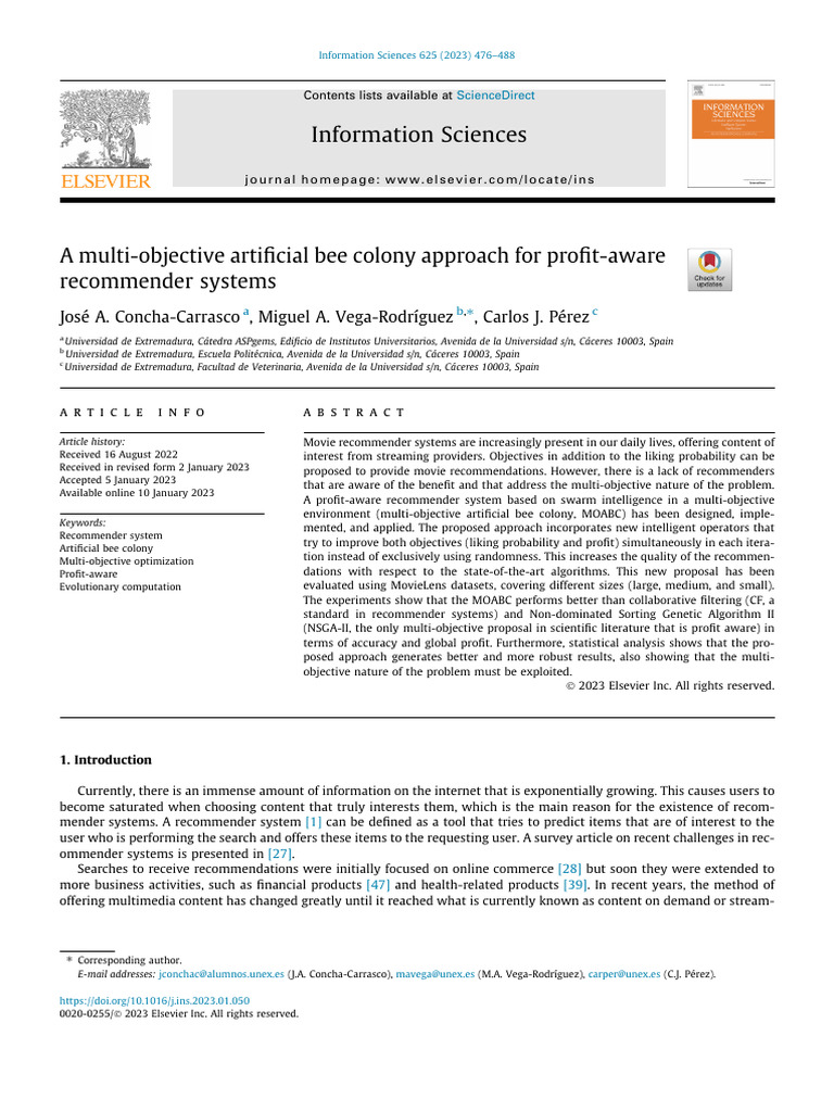 A Multi-Objective Artificial Bee Colony Approach For Profit-Aware Recommender Systems | PDF ...