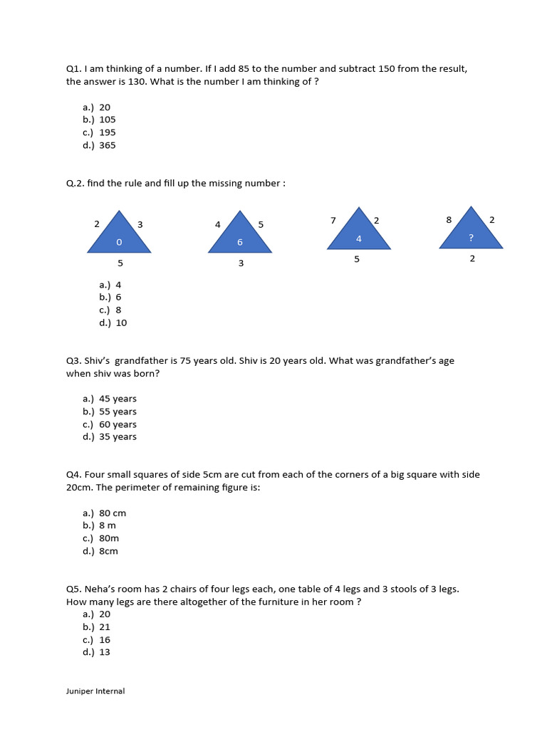 Practice Test Paper IMO Grade 4 | PDF | Mathematics | Arithmetic