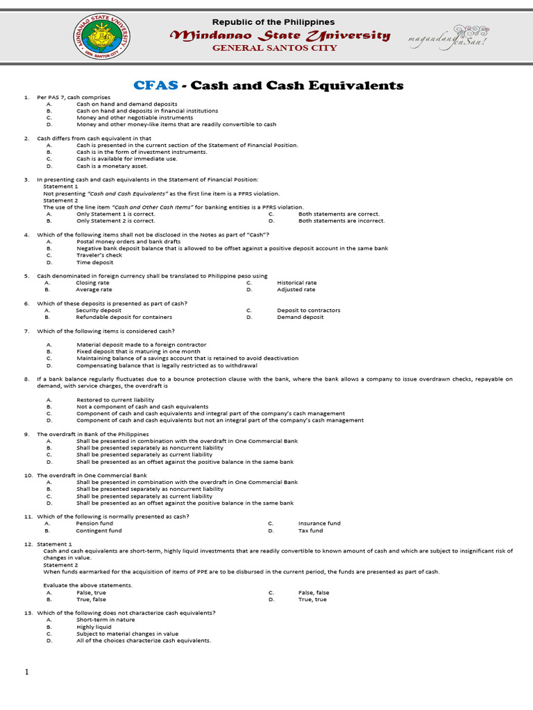 Cash & Cash Equivalents (Assessment Questions) | PDF | Cash And Cash Equivalents | Overdraft