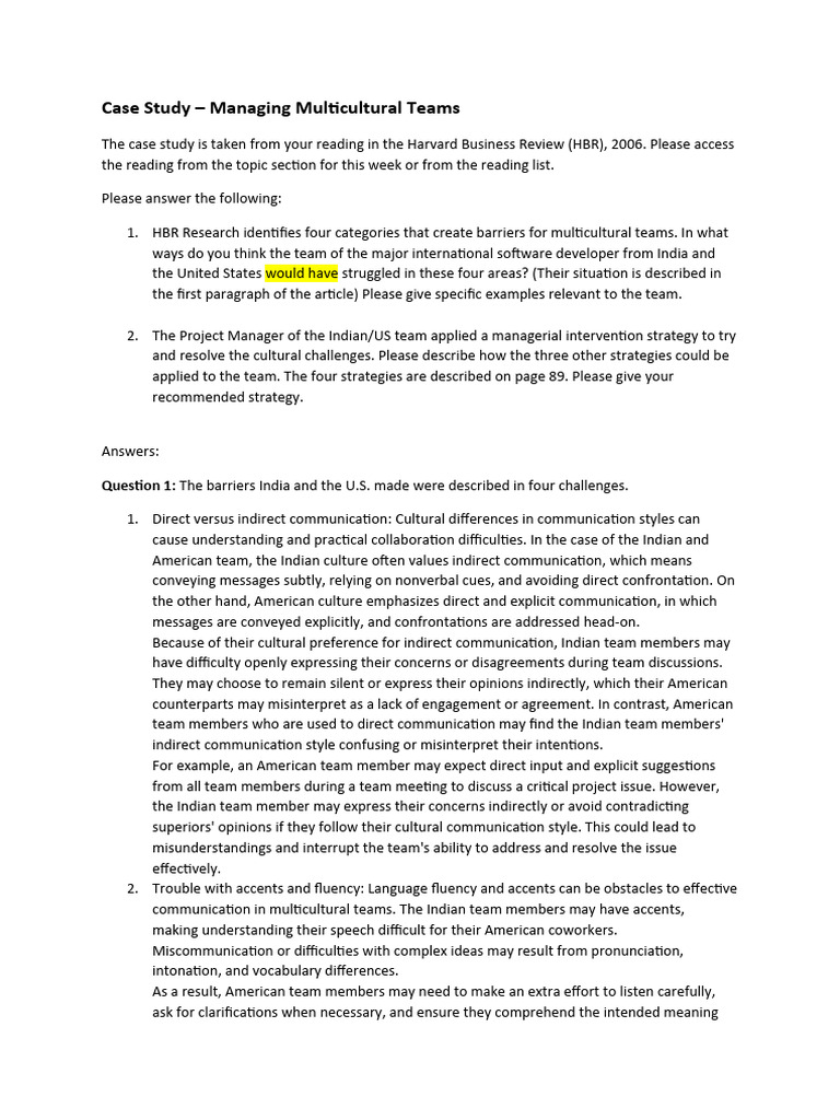 Case Study - Managing Multicultural Teams | PDF | Communication | Collaboration