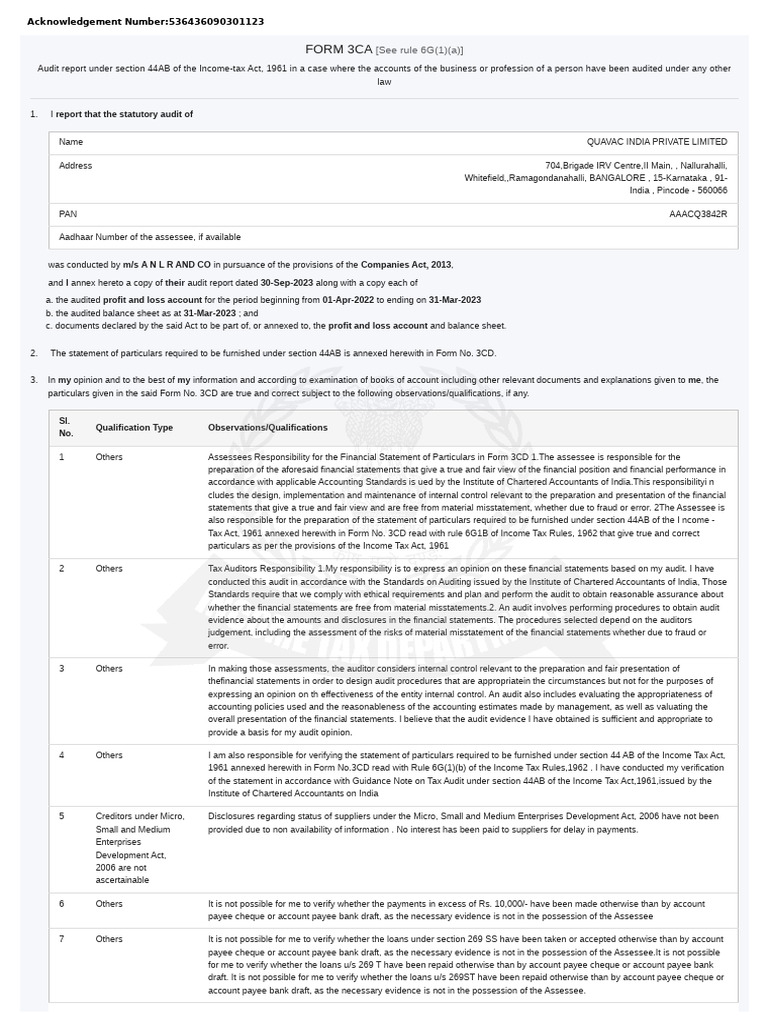 QIPL FY 2022-23 Form 3CA-3CD | PDF | Financial Audit | Audit