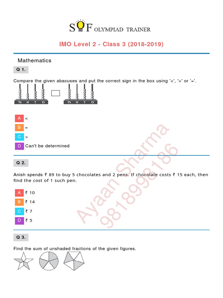 IMO Level 2 - Class 3 (2018-2019) | Download Free PDF | Numbers | Mathematics