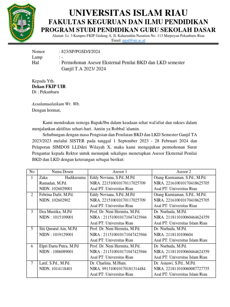 Surat Pengantar Asesor Eksternal Ganjil 2023-2024 | PDF