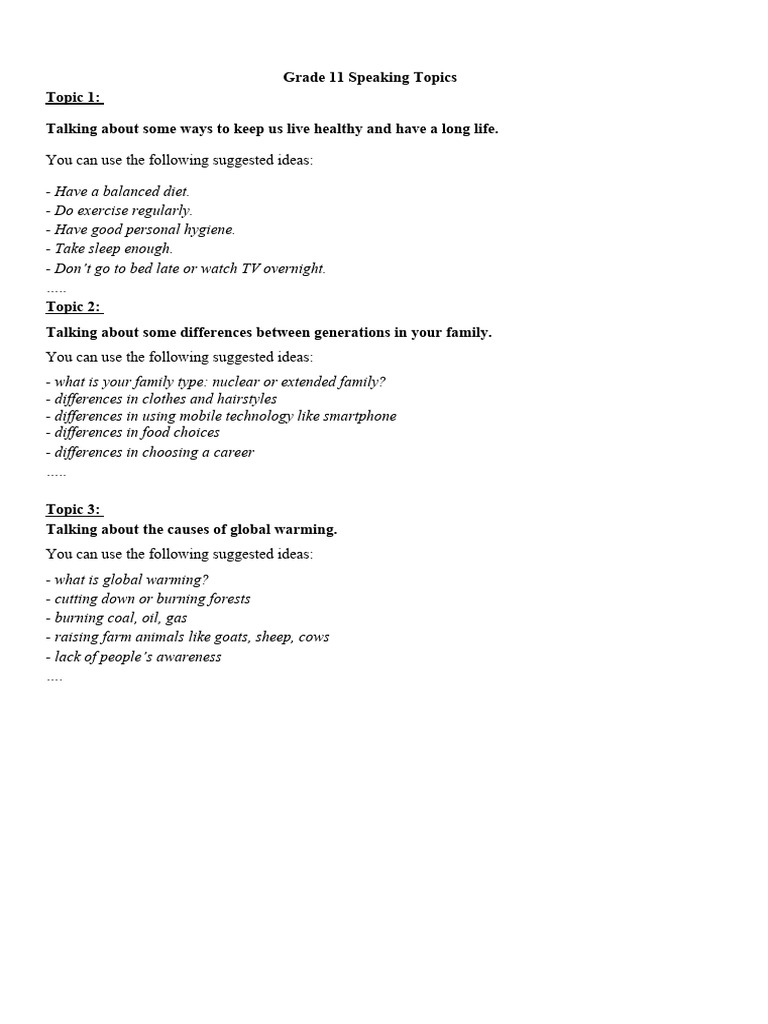 Speaking Topics Grade 11 | PDF