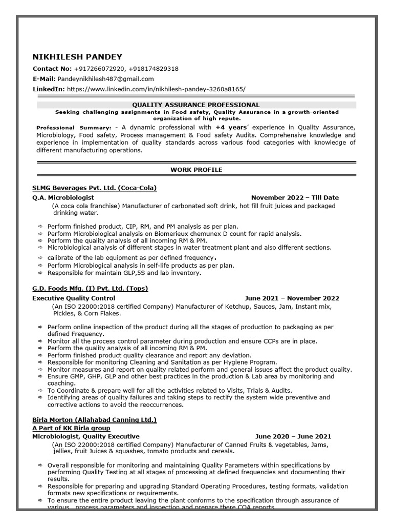 Nikhilesh Pandey CV 09.01 | PDF | Quality Assurance | Food And Drink